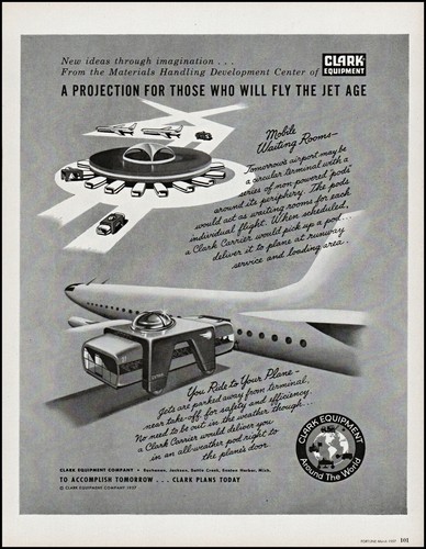 1957 Jet Age Clark Equipment mobile waiting rooms rides retro art print ...