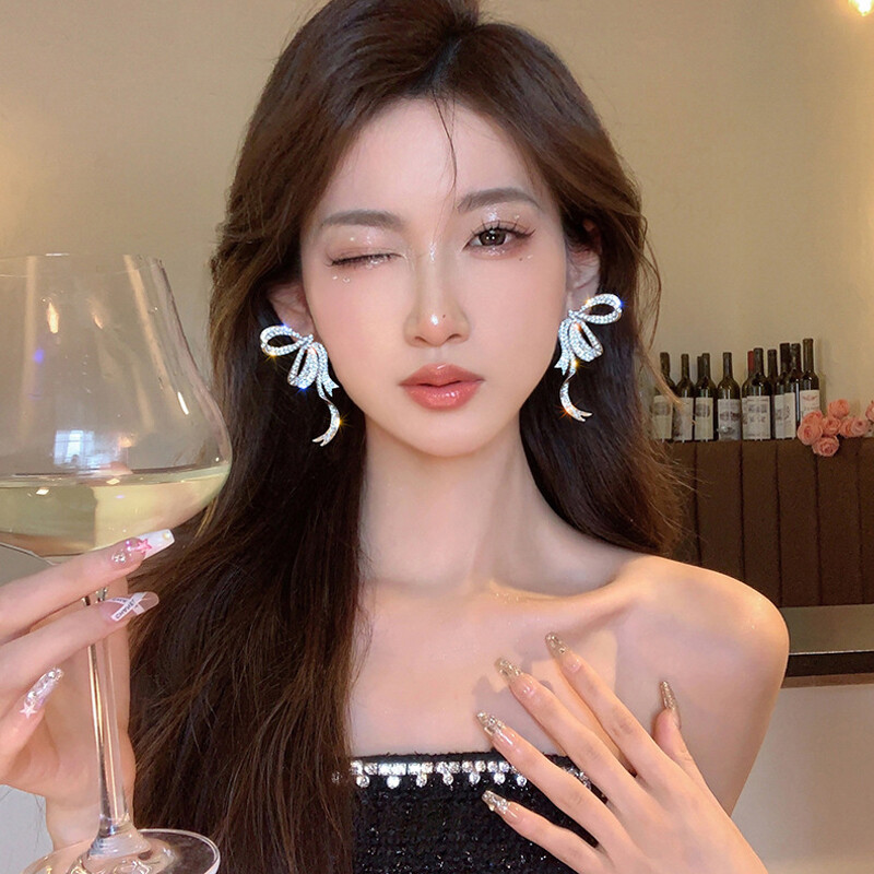 1Pair Luxury Full Rhinestone Bowknot Earrings Ribbon Bow Long Tassel ...