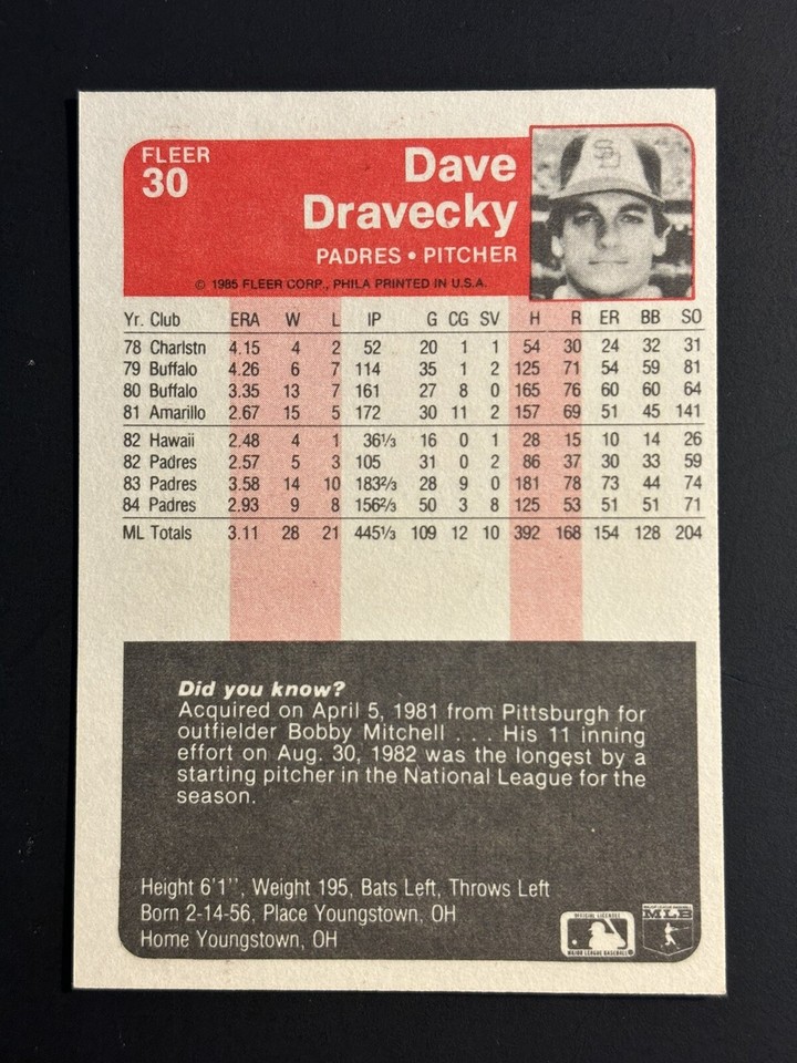 DAVE DRAVECKY SAN DIEGO PADRES 1985 FLEER #30 AUTOGRAPHED BASEBALL CARD ...