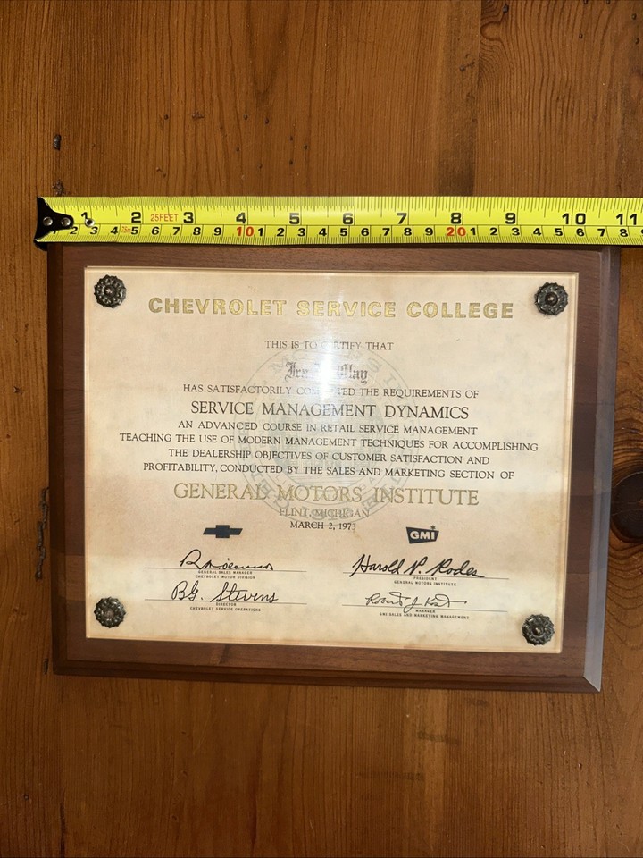 VTG 70s Chevrolet GM Award Plaque Certificate Service Management ...