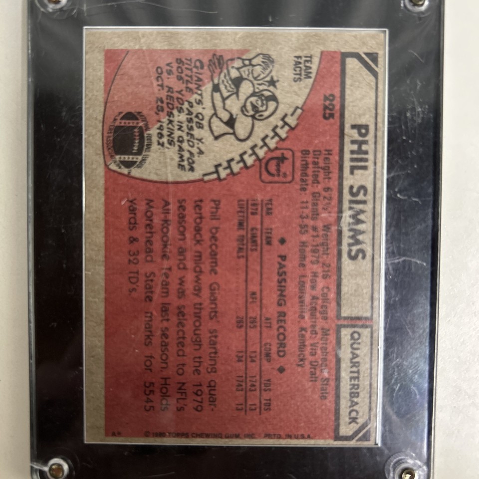 1980 Topps - #225 Phil Simms - Rookie Card (RC) 225 - Mint/Near mint | eBay