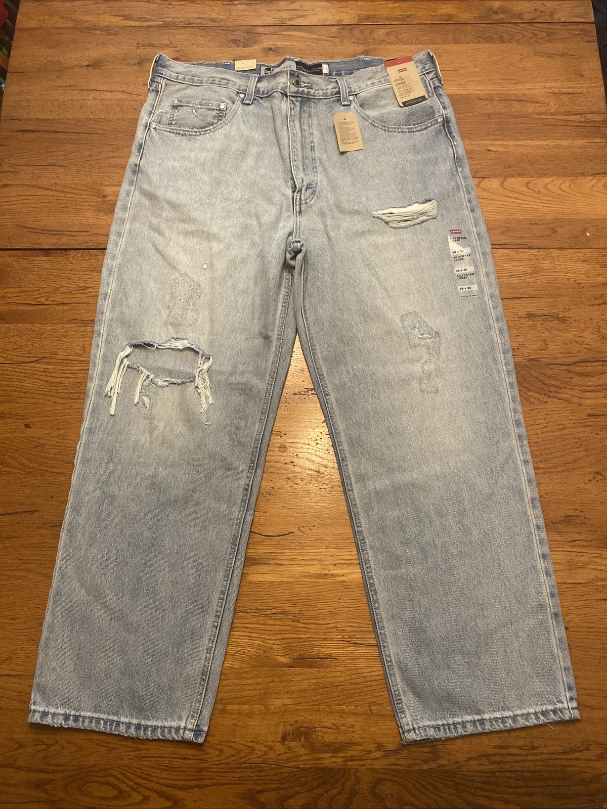Levi's Silver Tab Mens Loose Ripped Torn Destroyed Light Wash Jeans ...