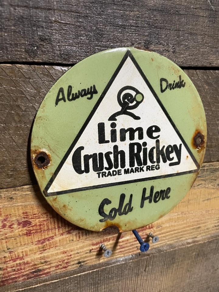 VINTAGE CRUSH PORCELAIN SIGN LIME RICKEY SODA GAS & OIL COLA BEVERAGE ...