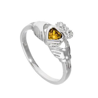 Sterling Silver & Citrine CZ Crystal November Birthstone Claddagh Ring ...