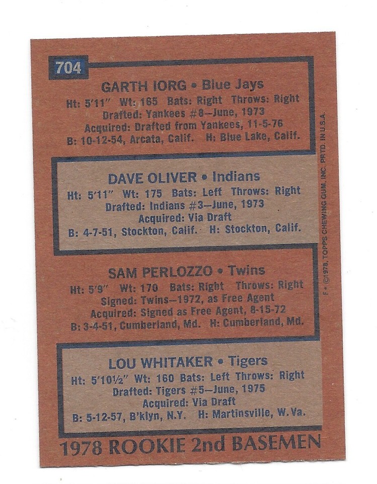 SHARP PACK FRESH 1978 TOPPS #704 ROOKIE 2ND BASEMAN LOU WHITAKER RC ...