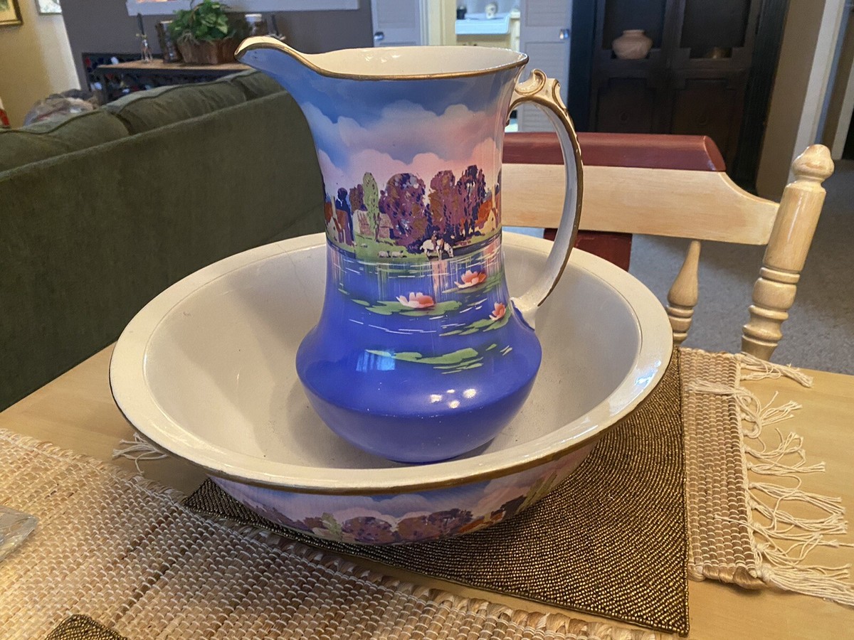 Country Pitcher And Bowl Set Great Old Country House Scene Pitcher