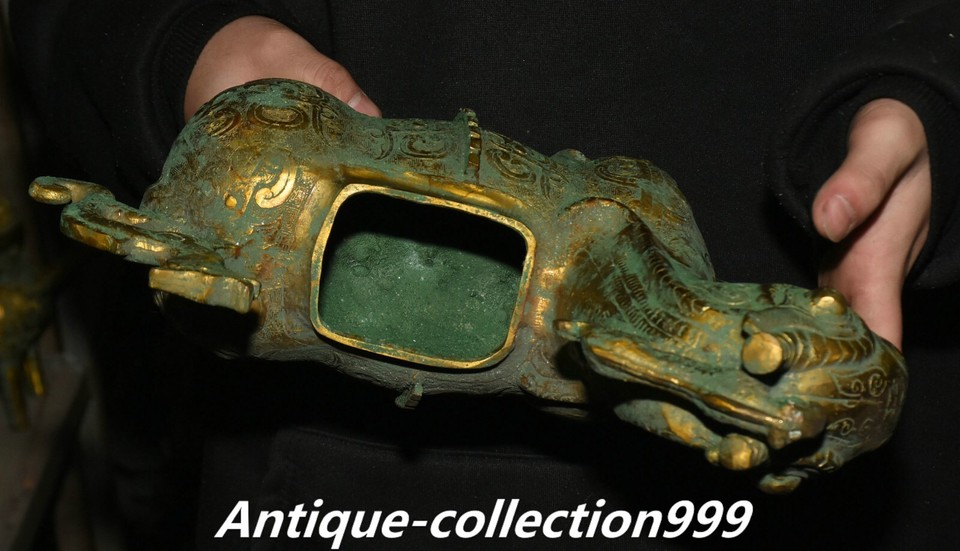 12.6" China Dynasty Bronze Ware Gilt Fengshui Dragon Beast Face Sheep ...