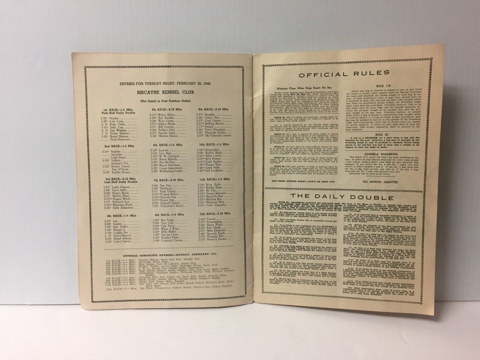 Vintage 1940 Biscayne Kennel Club Dog Racing Form Program Miami Florida ...