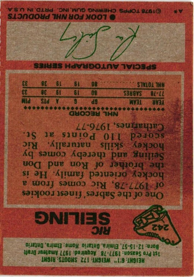 RIC SEILING 1978-79 Topps Hockey #242 FREE SHIP 50% OFF SALE ...