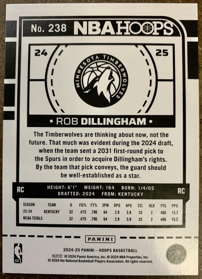 2024-25 Panini Nba Hoops - Rookies Robert Dillingham #238 (RC) | eBay