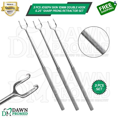 3 Pcs Joseph Skin Hook 10mm Double Sharp Prong 6.25" Retractor Surgical ...