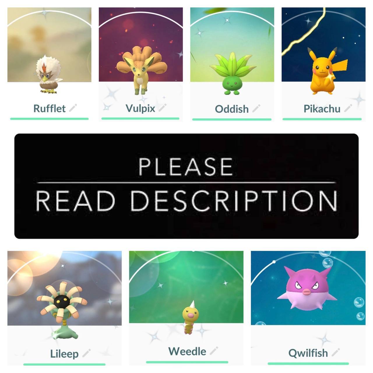 Shiny Rufflet, Vulpix, Oddish, Pikachu, Lileep, Weedle, Qwilfish ...