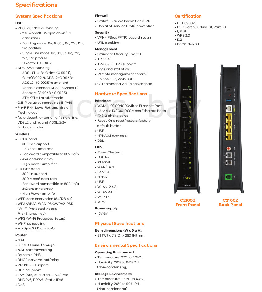 CenturyLink ZyXEL C2100Z AC2050 Wireless WiFi 802.11ac Modem Router 2.4 ...