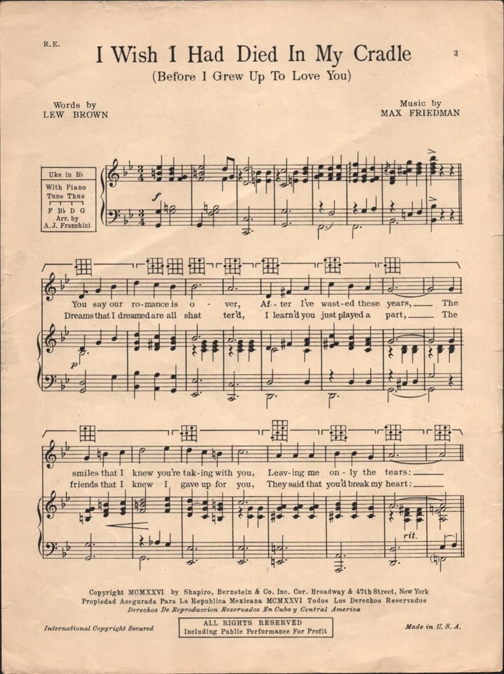 1926 I WISH I HAD DIED IN THE CRADLE antique sad Jazz sheet music MAX ...