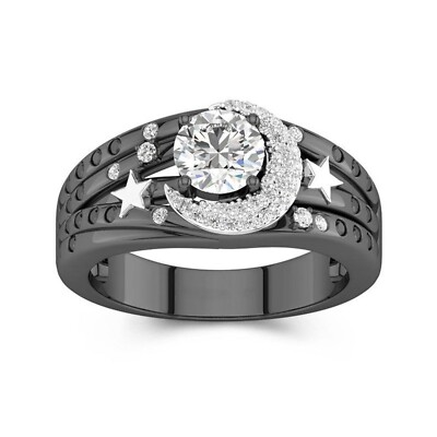Gothic Moon Star Wedding Band Unique Moon Ring Women Round Cut ...
