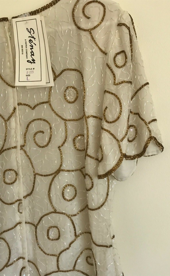 Vintage Heavy Beaded Top White Silk Blouse Top 80s Sequins NEW Stenay L ...