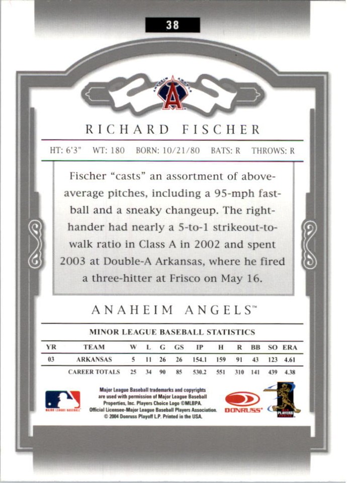 2004 Donruss Classics Anaheim Angels Baseball Card #38 Richard Fischer ...