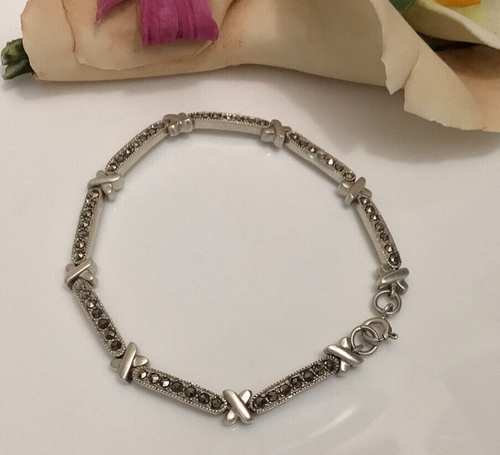 VTG DBJ 925 Sterling Silver X & O Marcasite Panel Tennis Bracelet 7.5” EUC 12g | eBay