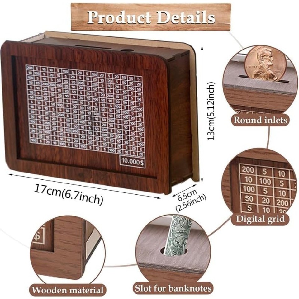 Wooden Money Savings Box Cash Vault Coin Bank with Counting Target ...