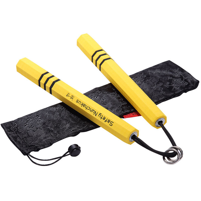Bruce Lee Yellow Nunchaku Nunchucks Natural Wood Color W/ Red Chinese