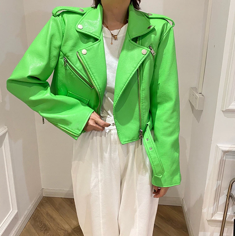 Neon Green Faux Leather Stylish Biker Jacket Streetwear Motorcycle Zip ...