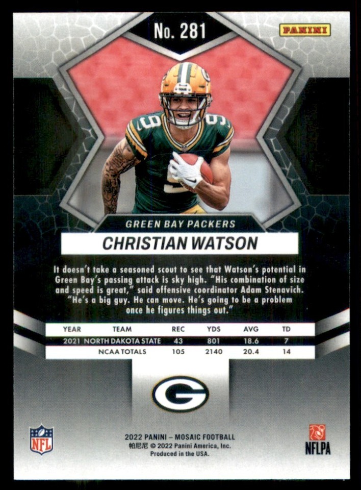 2022 Panini Mosaic Sparkle Blue SP Christian Watson Rookie Green Bay ...