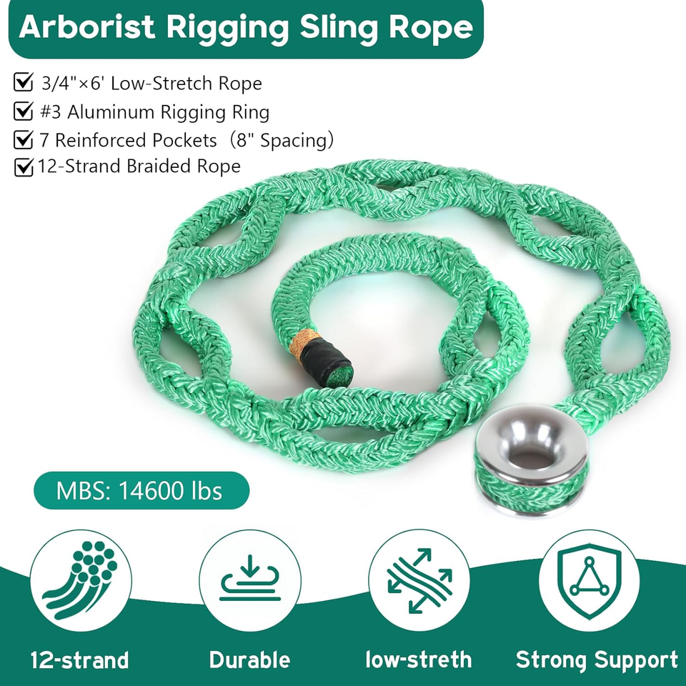 3/4" Rigging Ring Sling Rope- 6FT Arborist Rope with #3 Aluminum Ring ...