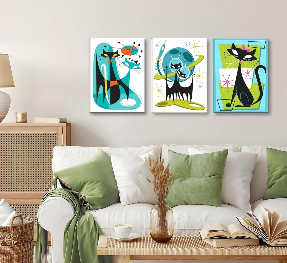 3pcs Framed Atomic Cats Wall Art Mid-Century Modern Retro Futurism ...