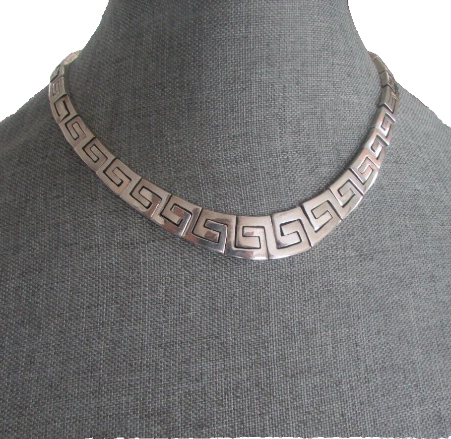 STERLING Silver Graduated Greek Key LINK Choker NECKLACE 16" Mexico ...