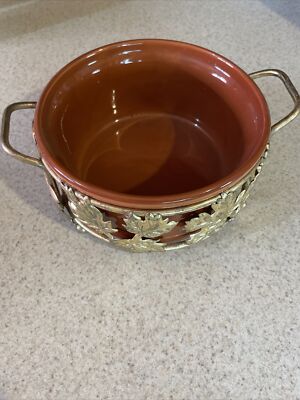 Vintage Teleflora Gift Flower Pot Ceramic Planter Gold Tone Metal Leaf ...