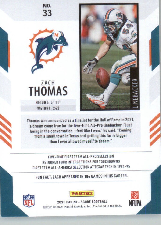 2021 Score #33 Zach Thomas HOF | eBay