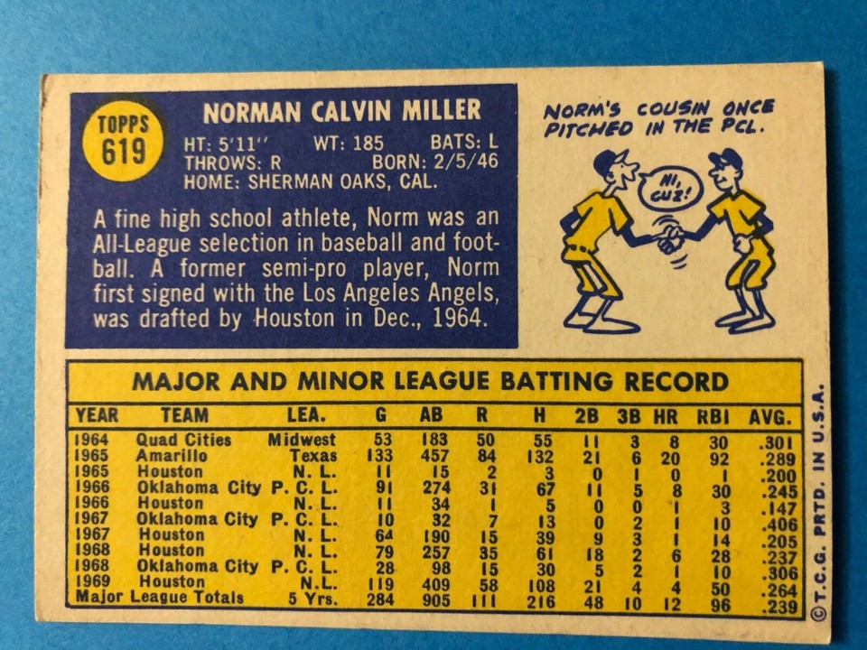 1970 Topps Norm Miller Card #619 Houston Astros | eBay