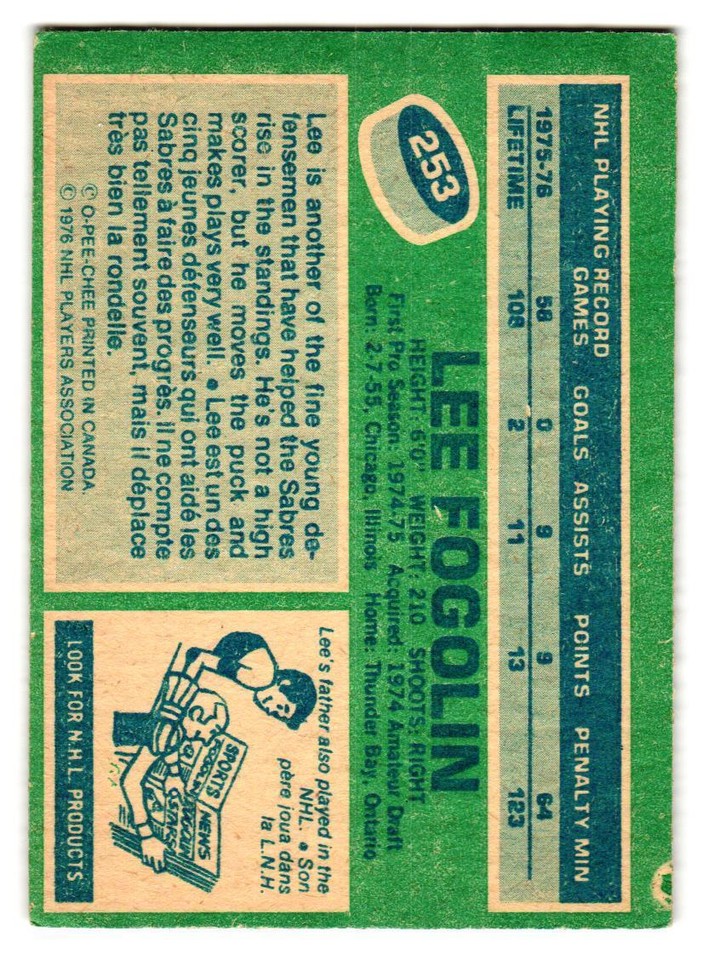 1976-77 OPC 253 Lee Fogolin Buffalo Sabres O-Pee-Chee | eBay