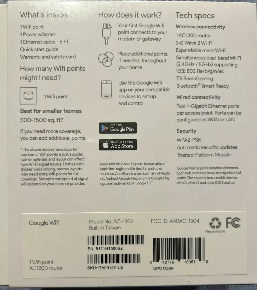 Google Home Wi-Fi System AC1200 Dual Band Mesh Router AC 1304 New ...