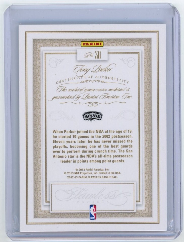 TONY PARKER 2012-13 Panini Flawless Game Used Worn Patch Ruby /15 Spurs ...