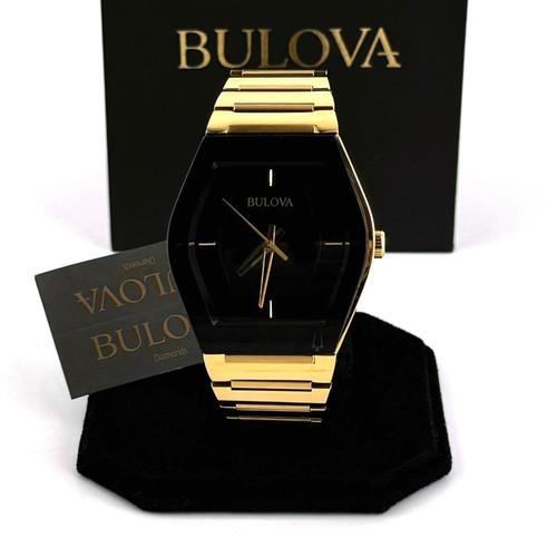Bulova Gemini Stainless Steel Gold Tone Black Dial Men's Watch 97A164 ...