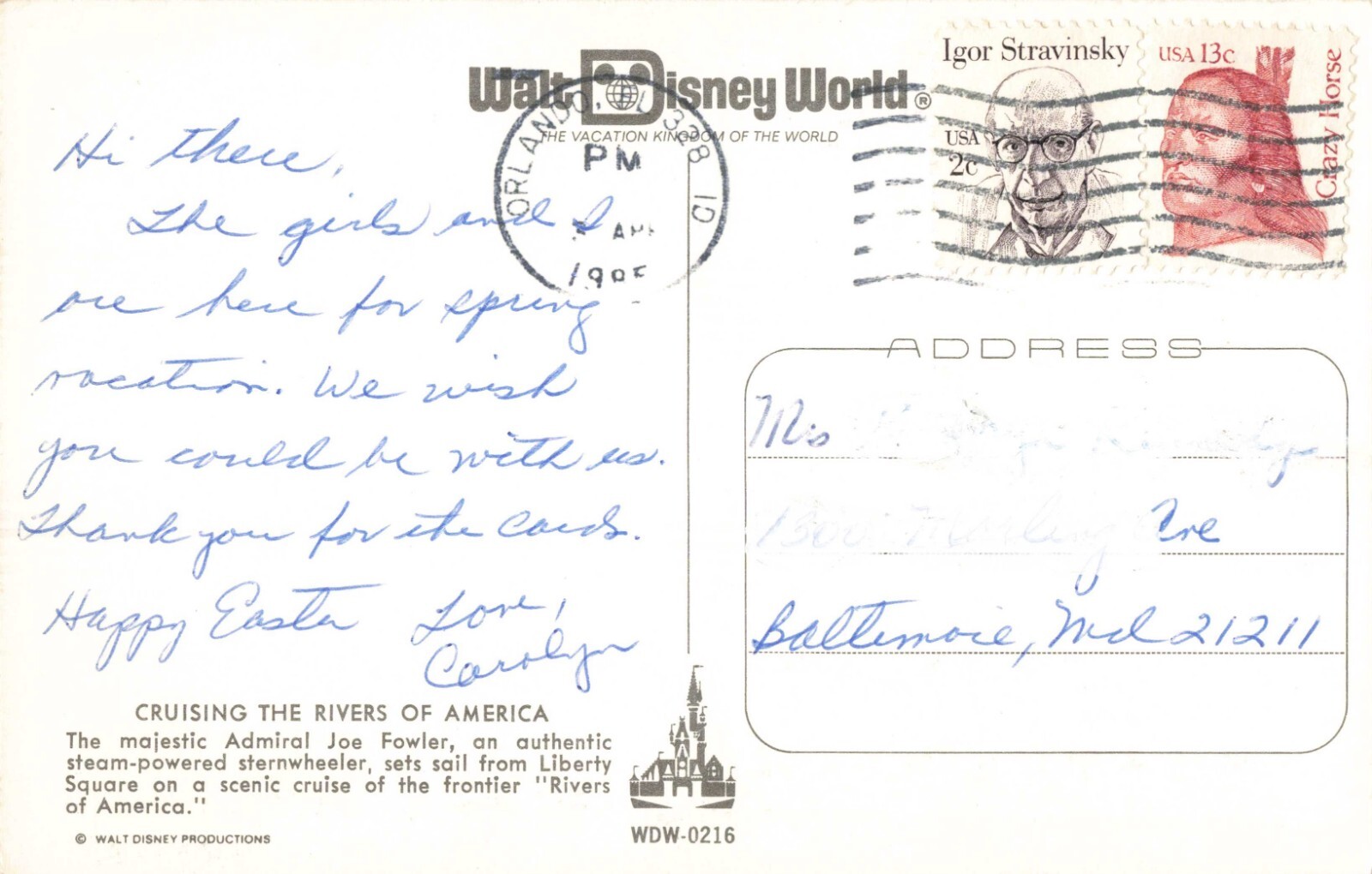 Postcard Walt Disney World Admiral Joe Fowler River Cruise Orlando ...