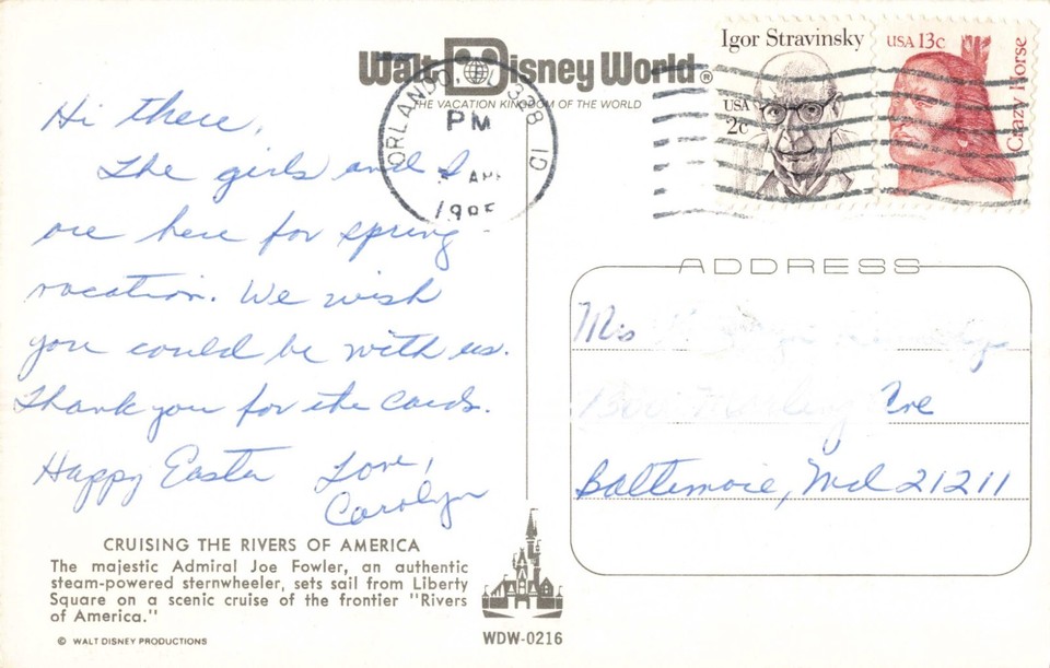 Postcard Walt Disney World Admiral Joe Fowler River Cruise Orlando ...