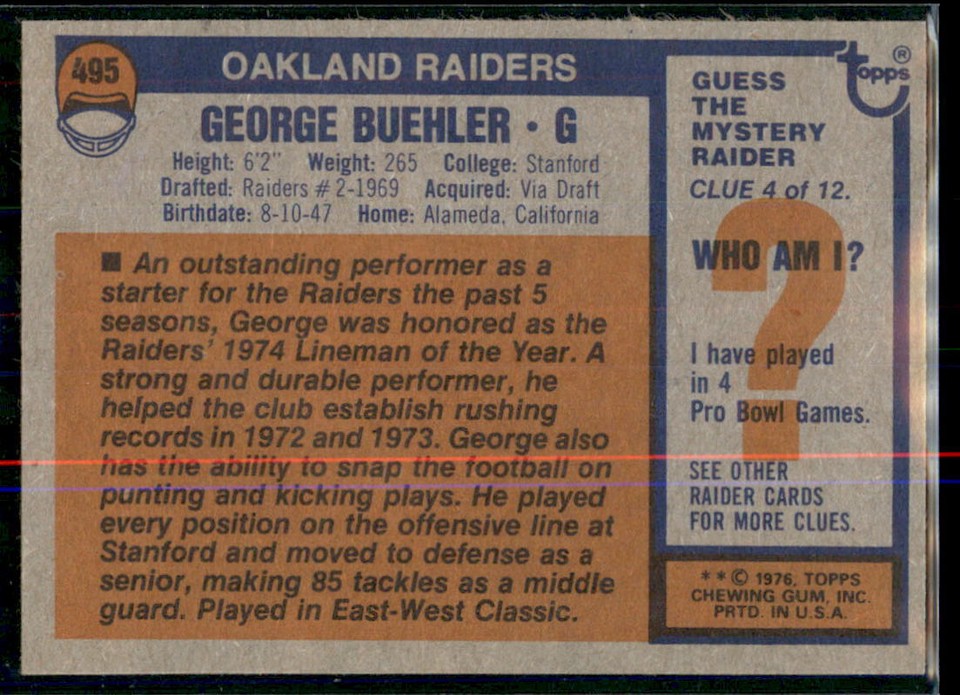 1976 Topps George Buehler RC #495 Oakland Raiders | eBay