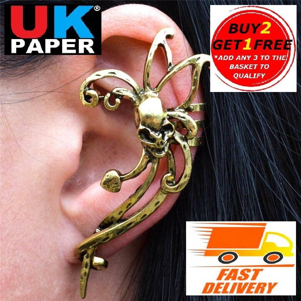VINTAGE GOLD SKULL SWORD STUD EARRING EAR CUFF WRAP PUNK GOTHIC EMO ...