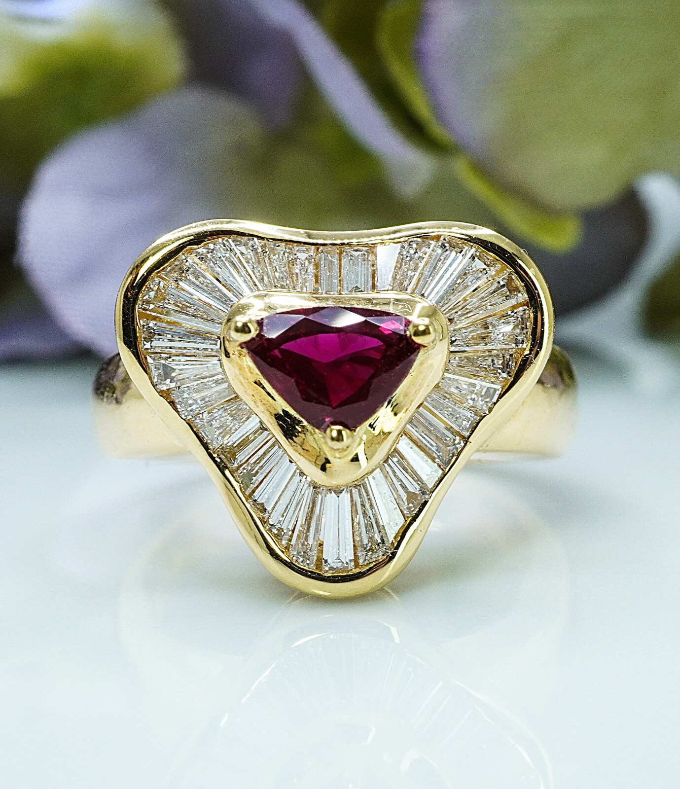 18K Gold Heart Burmese Ruby Baguette Diamond Ballerin… - Gem