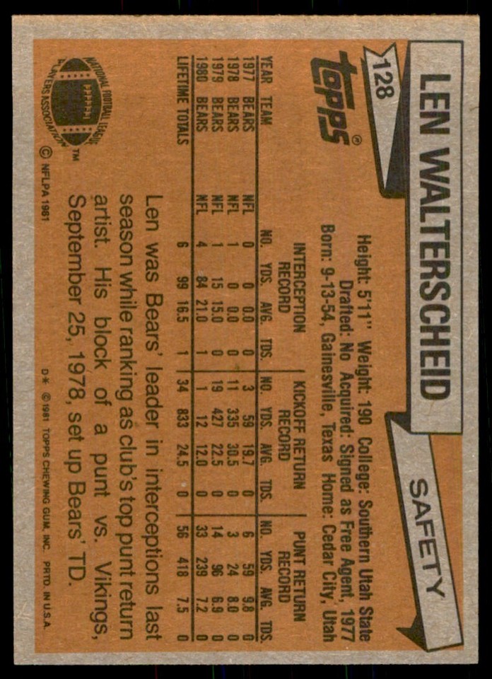 1981 TOPPS! LEN WALTERSCHEID CHICAGO BEARS #128 | eBay