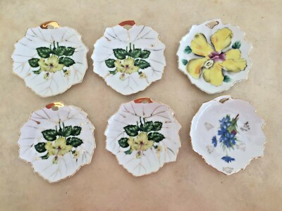 Japanese Trinket Dish Set of 6 Leaf Shape Hand Painted Floral Gilded ...