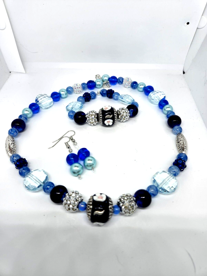 new LILAH ANN handmade BLUE beaded NECKLACE earrings BRACELET SET beads ...