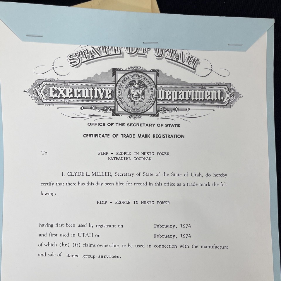 Official 1974 Trade Mark Certificate PIMP People in Music Power Utah ...
