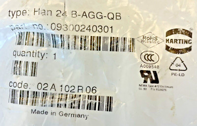 HARTING HAN 24 B-AGG-QB, 09300240301, Bulkhead Housing, NEW | eBay