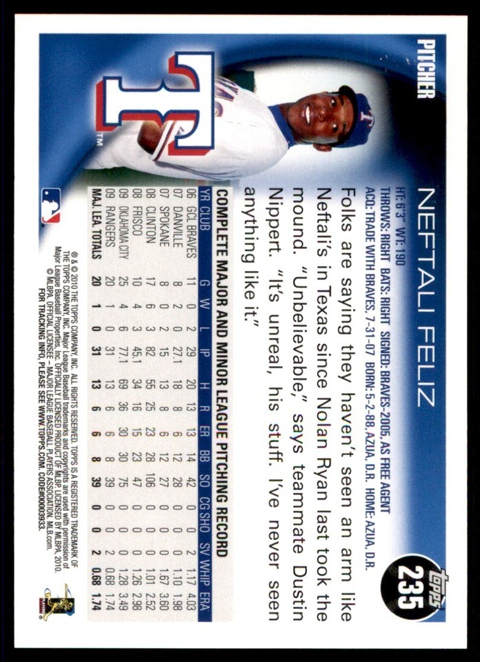 2010 TOPPS #235 NEFTALI FELIZ TEXAS RANGERS | eBay