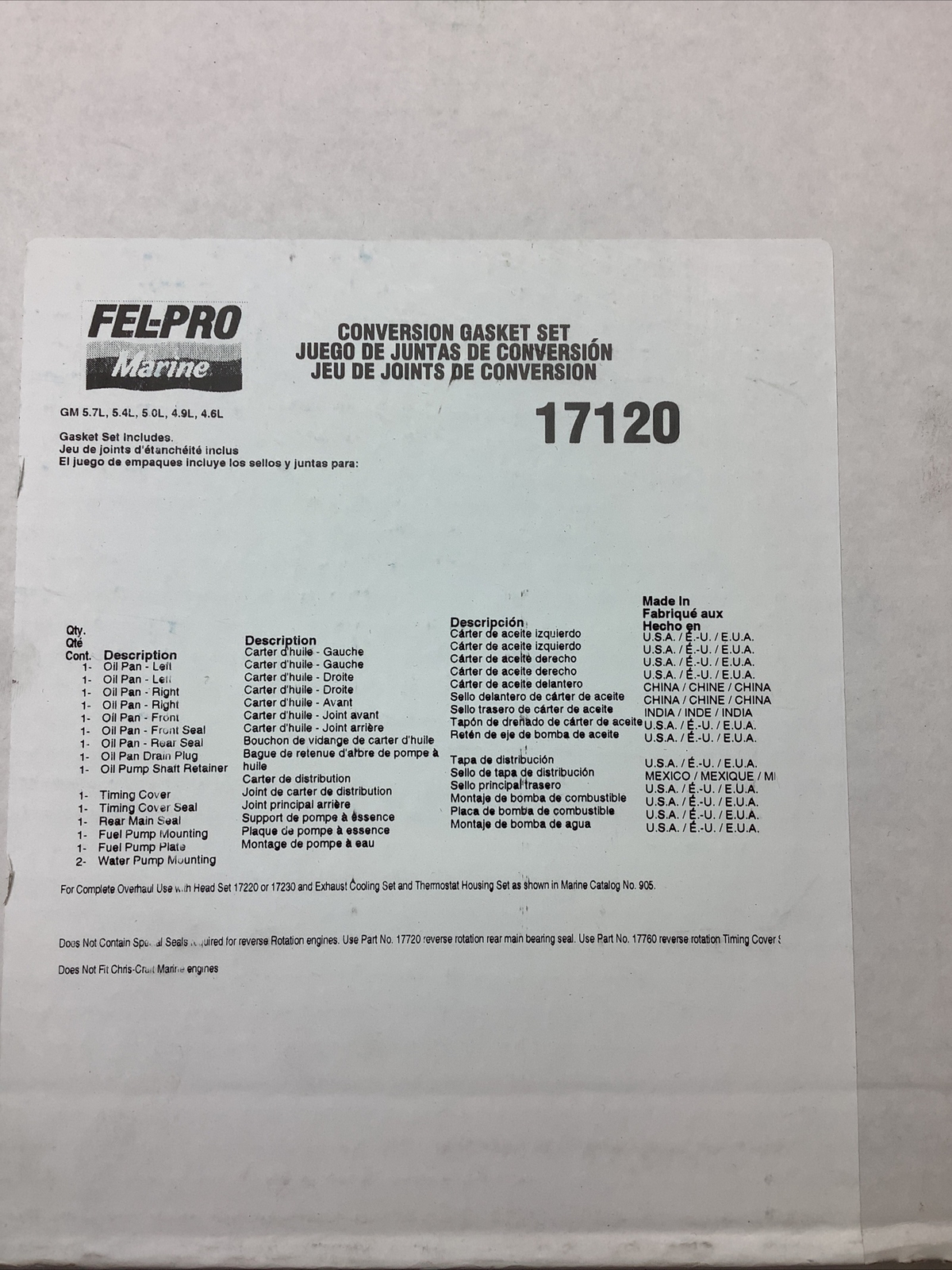 Engine Conversion Gasket Set Fel-Pro 17120 for sale online | eBay
