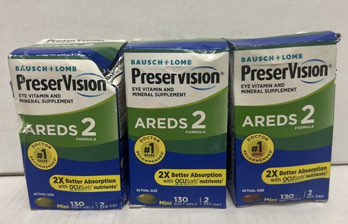 3 Pack New Bausch & Lomb PreserVision AREDS 2 - 130 Mini Soft Gels Each ...