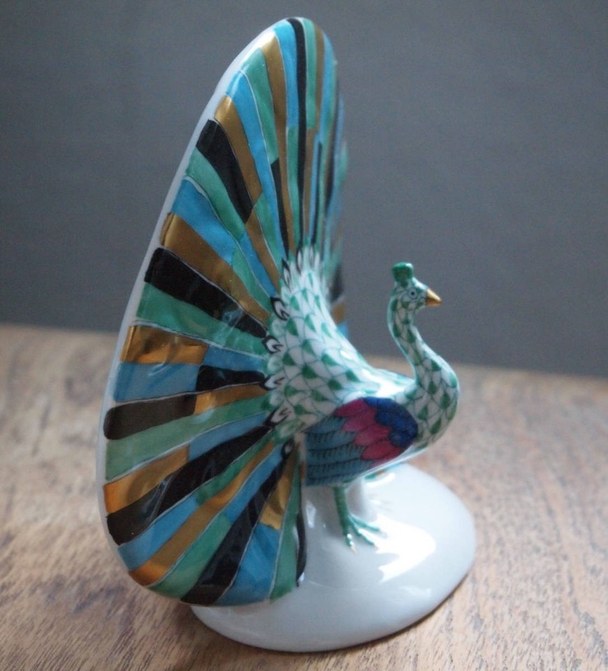 Herend Blue Porcelain Peacock Figurine Scal Pattern Rare Collectible ...